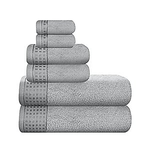 GLAMBURG 100% Cotton Ultra Soft 6 Pack Towel Set, Contains 2 Bath Towels 28x55 Inches, 2 Hand Towels 16x24 Inches & 2 Wash Coths 12x12 Inches, Compact Absorbent Lightweight & Quickdry - Light Grey