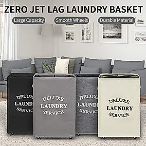 ZERO JET LAG 90L Large Slim Rolling On Wheels Laundry Hamper Basket Tall Dirty Clothes Hamper Clothes Storage Basket Standable Corner Handy Bin Hamper Basket 12x16x26" (Beige)