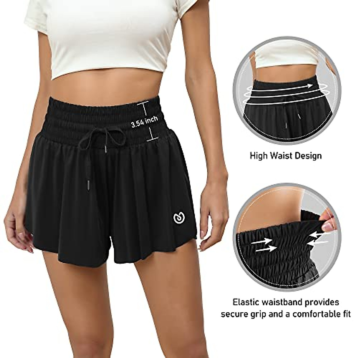 High Waisted 2 in 1 Flowy Butterfly Running Shorts, Women Athletic Shorts with Pockets Gym Yoga Tennis Shorts Teen Girls-(Black,XL)