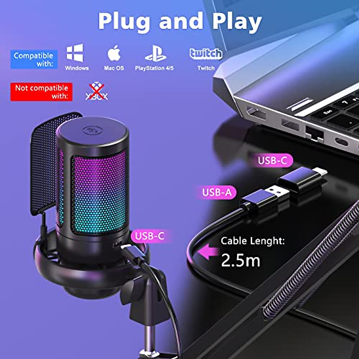 NJSJ USB Gaming Microphone for PC, Condenser Mic with Boom Arm for PS4/ PS5/ Mac/Phone with Touch Mute, RGB Lighting,Gain knob & Monitoring Jack for Streaming,Podcasting,YouTube
