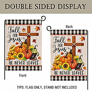 Artofy Fall for Jesus Cross Religious Pumpkin Home Decorative Garden Flag, Autumn Yard Lawn Sunflower Outside Decor, Buffalo Plaid Check Farmhouse Outdoor Small Burlap Decoration Double Sided 12 x 18