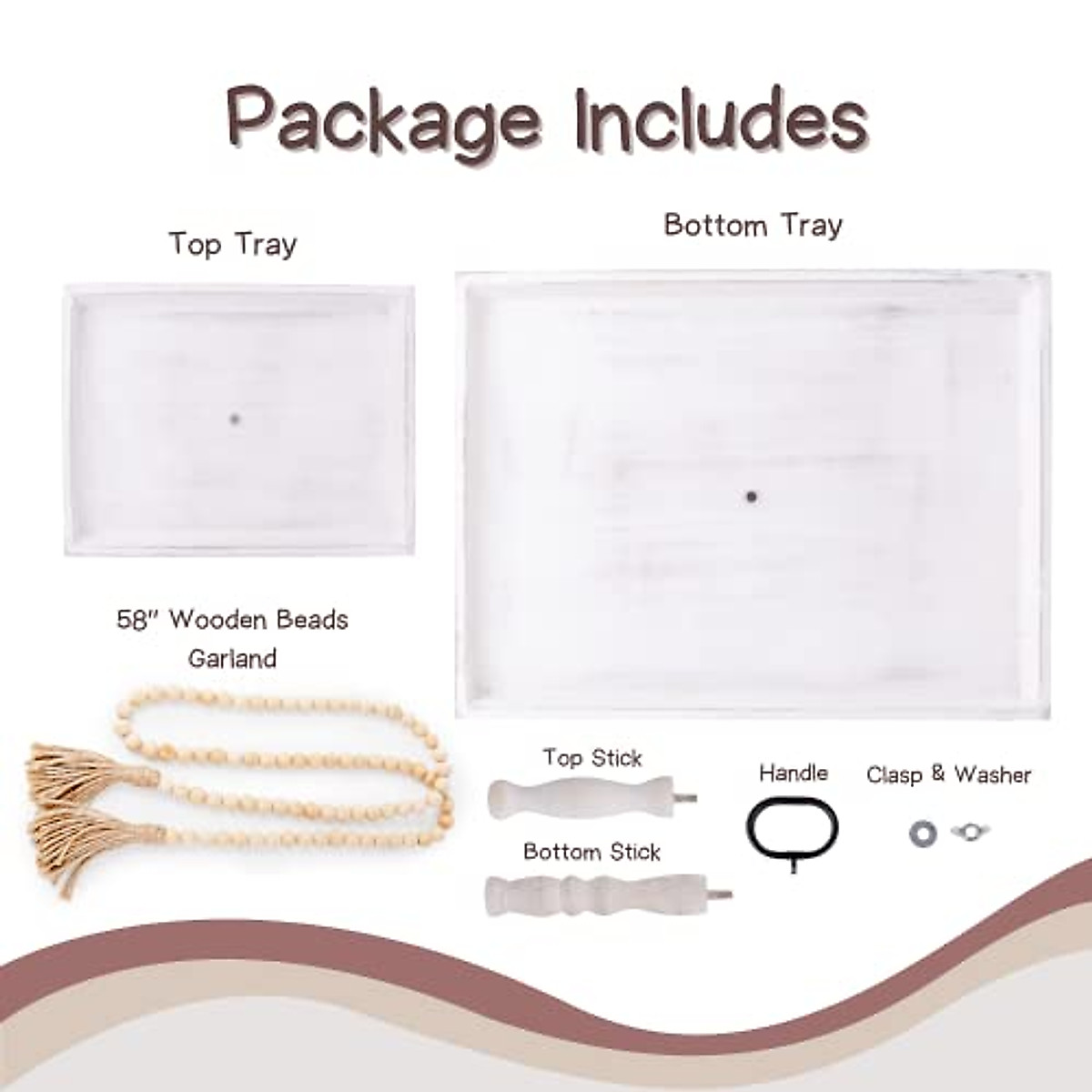 Perfnique Tiered Tray Stand, White Wooden 2 Tier Tray with 58in Wood Bead Garland, Serving Tray, Farmhouse Rustic Home Kitchen Decor, Morden Decorations Set for Shelf Coffee Bar Table (White)