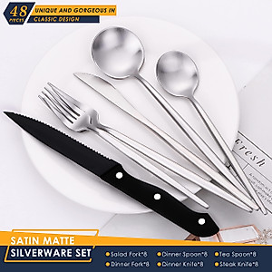 Stapava 48 Pieces Matte Silverware Set with Steak Knives, Plus Dinner Knives Set of 12, Stainless Steel Flatware Cutlery Set, Kitchen Utensil Set Include Spoons Forks Knives, Dishwasher Safe