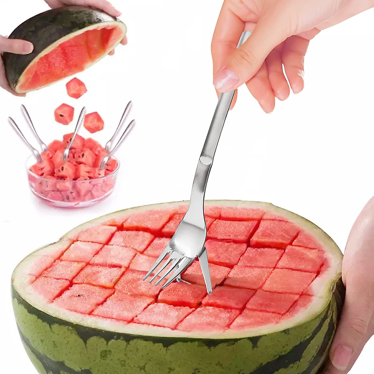 2 Packs 2-in-1 Watermelon Slicer Cutter & 4 Pieces Stainless Steel Fruit Fork, Watermelon Fork Slicer Artifact, Summer Watermelon Cutting Tool for Family Parties Camping