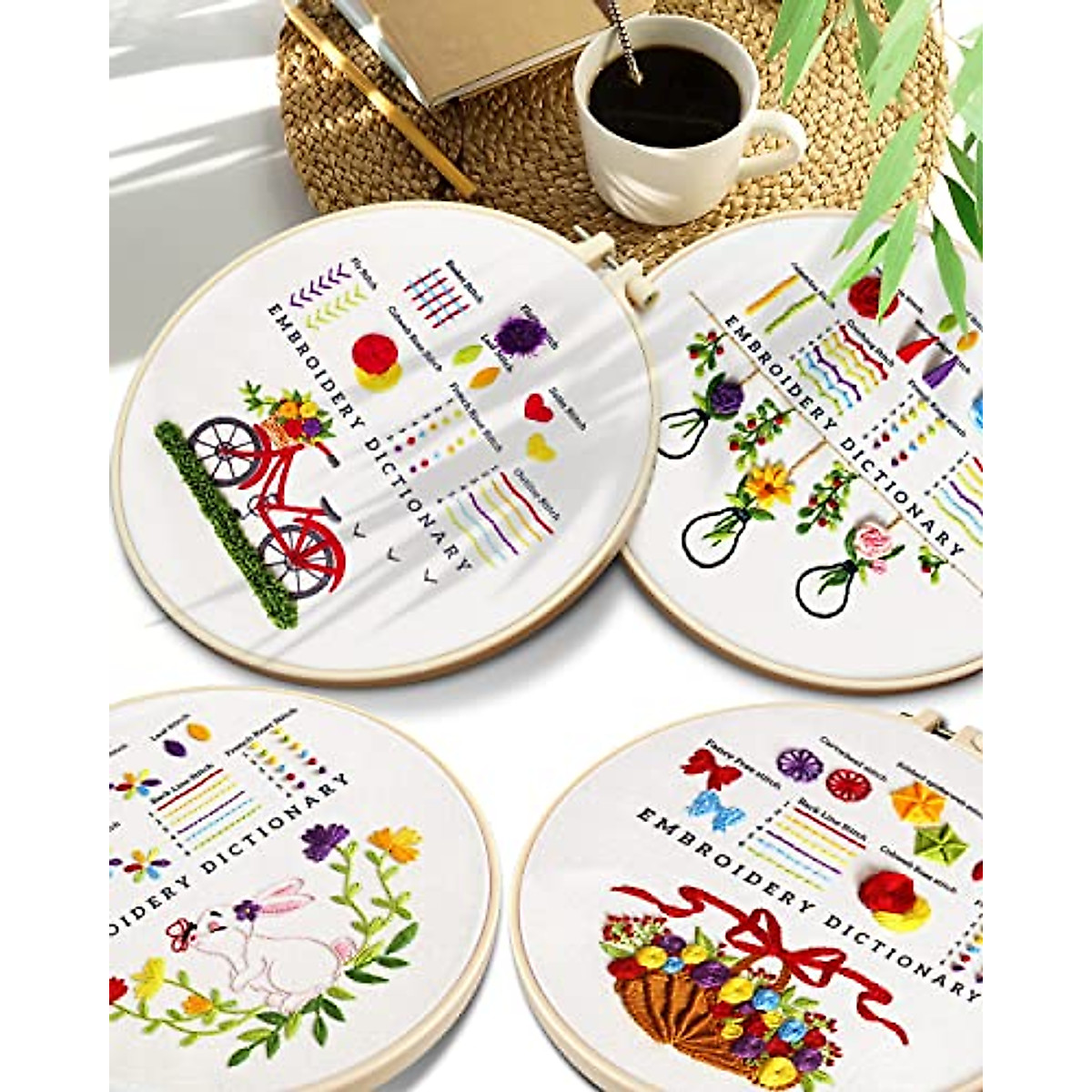 TINDTOP Embroidery Kit for Beginners, 4 Pack Cross Stitch Practice Kits for Beginners Include Embroidery Cloth Hoops Threads for Craft Lover Hand Stitch with Embroidery Skill Techniques
