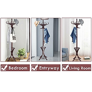 Tangkula 75.5" Standing Coat Rack, Wood Coat Tree with 12 Hooks, Home Hat Jacket Hanger Tree 12 with Umbrella Holder Coat Stand (Brown)