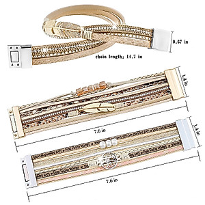 Wovanoo Leather Wrap Bracelet Set 3Pack Wrist Cuff Bracelet for Women Multilayer Magnetic Clasp Bracelet Feather Tree Bead Crystal Bracelet 3pack