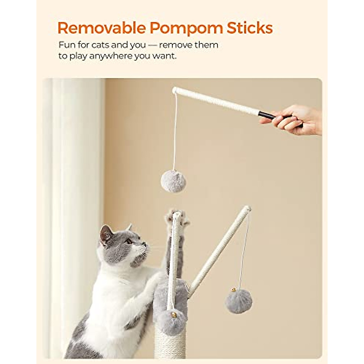 Feandrea Cat Tree, Small Cat Tower for Indoor Cats, Kittens, Multi-Level Plush Cat Condo, 16.5 x 12.6 x 46.5 Inches, Scratching Post, Ramp, 3 Removable Pompom Sticks, Cat Cave, Light Gray UPCT143W01