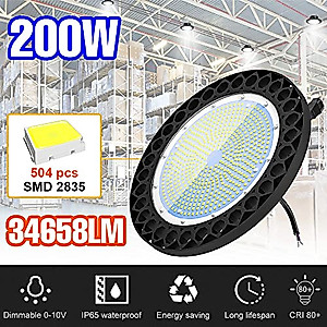 2Pack 200W UFO LED High Bay Lights 5000K Daylight Super Bright 34658LM Dimmable 0-10V Commercial Shop Lighting Fixture 100-277V with 5'Cable US Plug Warehouse Light IP65 Waterproof Workshop Area Lamp
