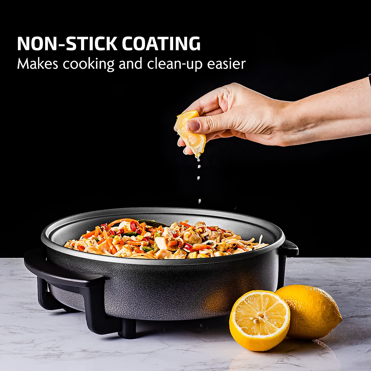 OVENTE Electric Skillet and Frying Pan, 12 Inch Round Cooker with Nonstick Coating, 1400W Power, Adjustable Temperature Control, Tempered Glass Lid with Vent and Cool Touch Handles, Black SK11112B