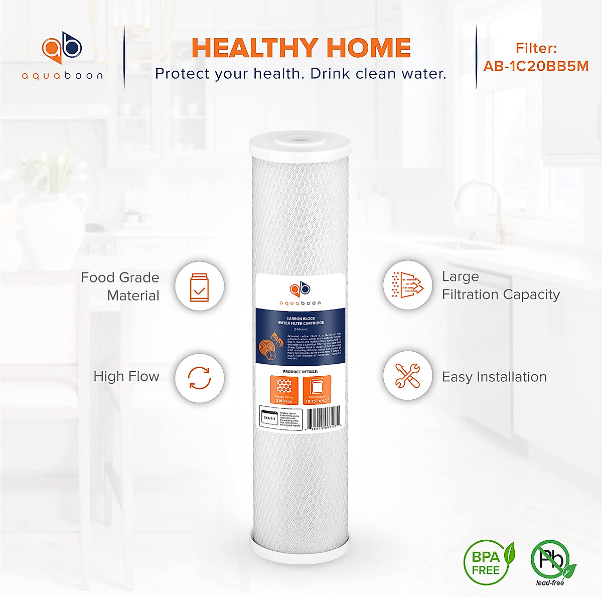 AQUABOON 5 Micron 20" x 4.5" GAC, CTO Carbon Block & Sediment Replacement Water Filter Cartridges Set | 1 set, 3 Filters in a Set | EP20-BB, 2C-20BB, 155358-43, DGD-5005-20