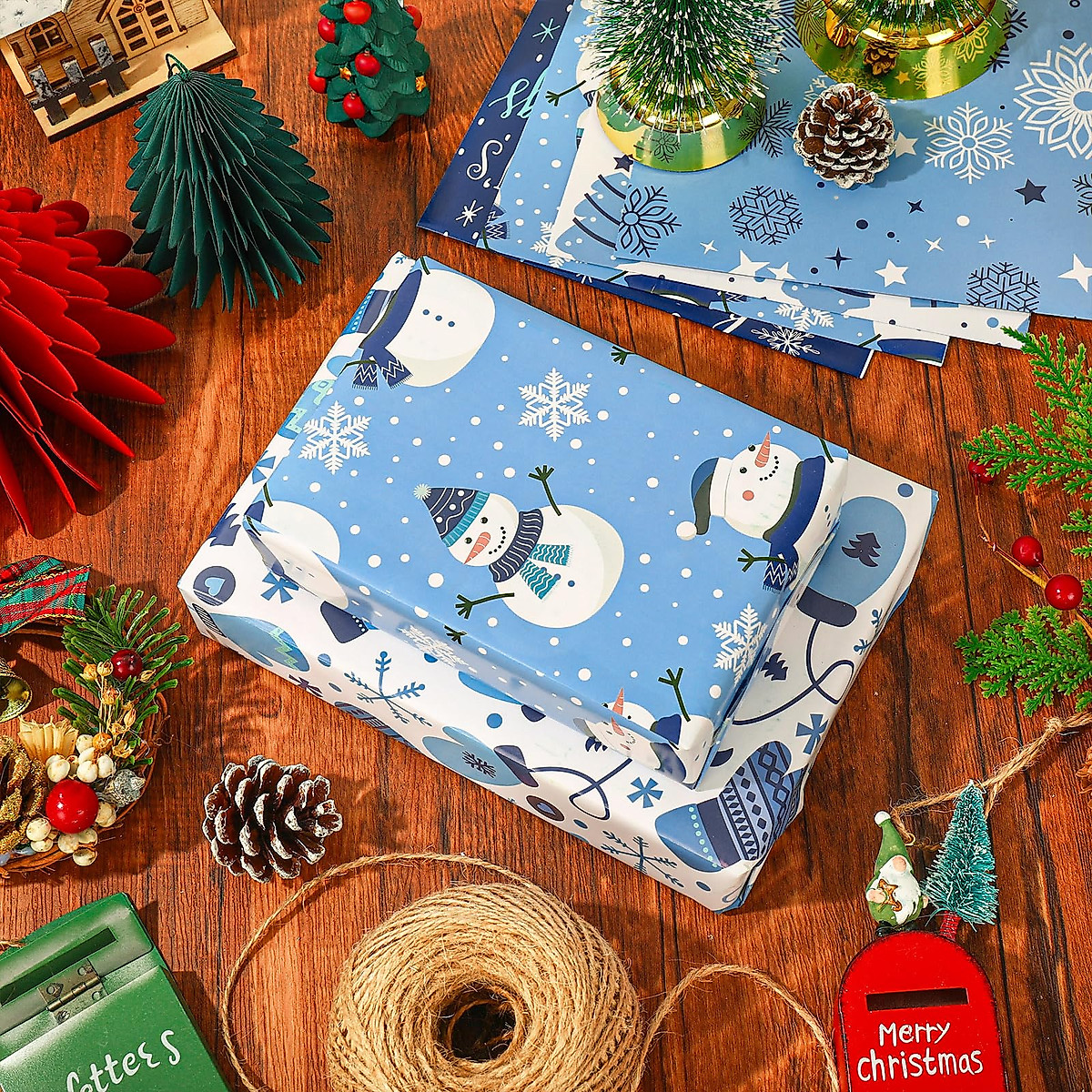 AnyDesign 12 Sheet Christmas Wrapping Paper Blue White Winter Gift Wrap Paper Bulk Snowman Snowflakes Xmas Tree Art Paper, 27.6 x 19.7 Inch, Folded Flat