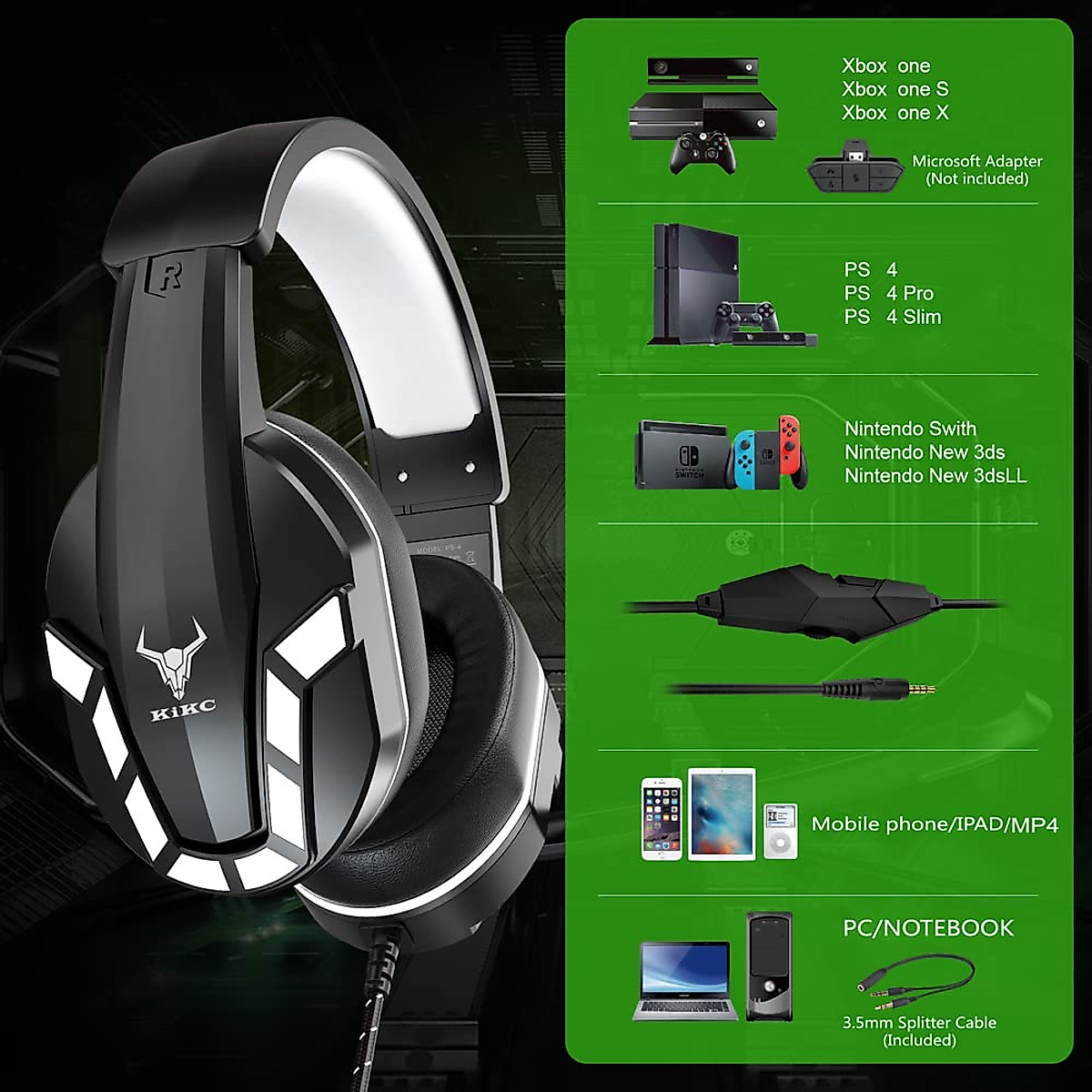 Kikc PS4 Gaming Headset with Mic for Xbox One, PS5, PC, Mobile Phone and Notebook, Controllable Volume Gaming Headphones with Soft Earmuffs, Headphones for Kid - White