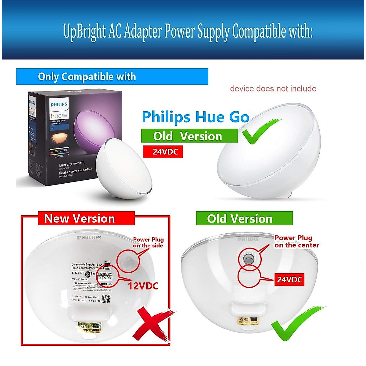 UpBright 24V AC/DC Adapter Compatible with Philips Hue Go 798835 800136 71460 60 7146060C6 HueGo LED Light HF12 HF18 HF24 S018QU2400075 S018QU2400050 S012BSM2400050 24VDC 6W 12W Power Supply Charger