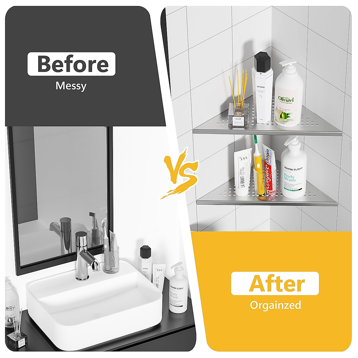 Neodrain 10 Inch Brushed Corner Wall Shelf Set of 2, Floating Corner Shelves for Wall, 304 Stainless Steel Wall Storage Shelves for Bathroom,No Drilling