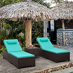 Valita Outdoor PE Wicker Chaise Lounge Set Patio Rattan Adjustable Reclining Lounge Chairs with Cushions and Matching Storage Table, Turquoise