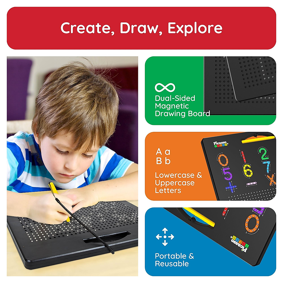 PicassoTiles 2-in-1 Magnetic Drawing Board Toy 12x10 inch Large Magnet Bead Tablet Pad with 2 Facings Alphabets STEM Educational Erasable & Reusable Learning Writing Playboard in Black PTB03