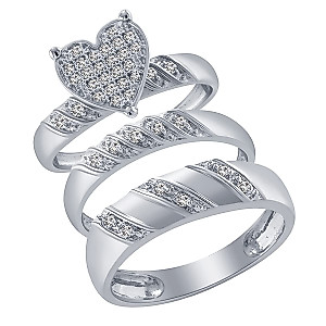 Pretty Jewels 0.23 Carat (ctw) Round White Diamond Heart Frame Men's & Women's Engagement Trio Set Ring For His & Her Wedding, 925 Sterling Silver (H-I Color, I1-I2 Clarity) Ladies 7 & mens 13