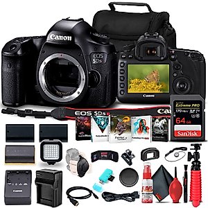 Canon EOS 5DS R DSLR Camera (Body Only) (0582C002) + 64GB Memory Card + 2 x LPE6 Battery + Charger + Card Reader + LED Light + Corel Photo Software + Case + Flex Tripod + HDMI Cable + More (Renewed)