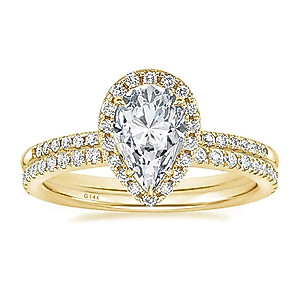 WSX Gold 1ct Pear Bridal Rings Sets for Women Moissanite Simulated Diamond Her Engagement Halo Wedding Promise Ring, 2 Piece Set