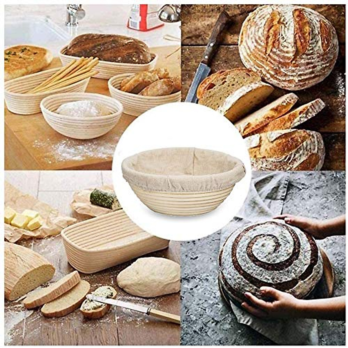 Sumshy Proofing Basket Round 25 x 8 cm Wicker Proofing Basket for 1000 g Bread Dough Lined Including Linen Inserts