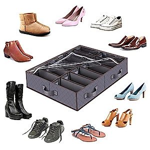 Anyoneer Under Bed Shoe Storage Organizer, Set of 2, Sturdy Structure, Adjustable Dividers, Reinforced Handle, Sturdy Zipper, Fits 24 Pairs Total, Underbed Storage Solution with Clear Window, Breathable, Gray