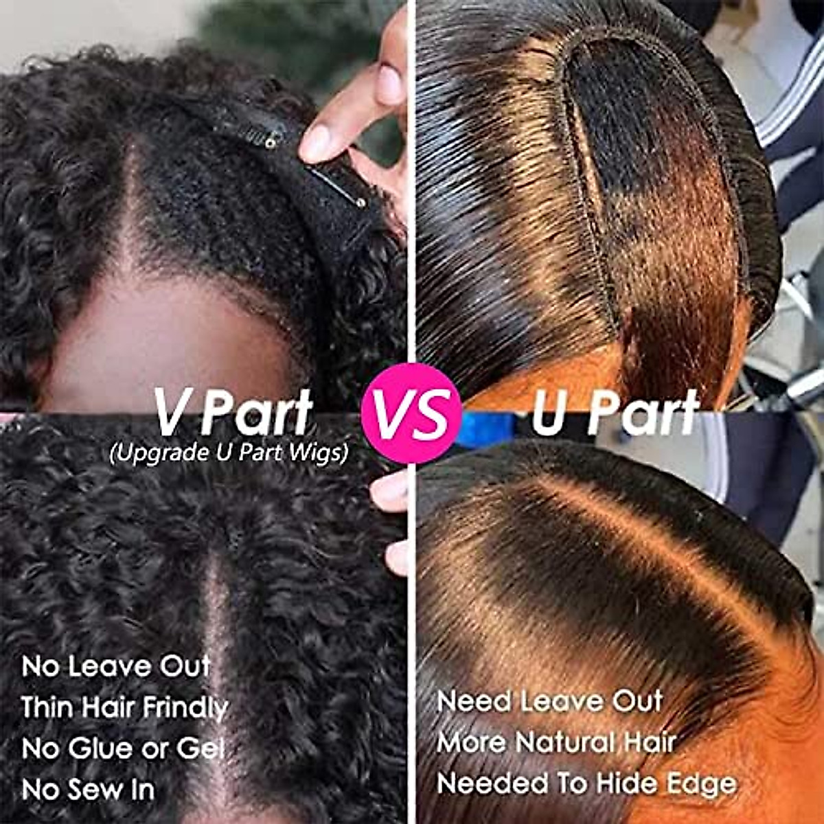 Kiqibeauty V Part Wig Human Hair For Black Women Upgrade U Part Wig Human Hair Kinky Curly Wig 100% Virgin Hair Glueless Wear and Go Wig Minimal Leave Out 200% Density (Kinky Curly, 16 Inch)