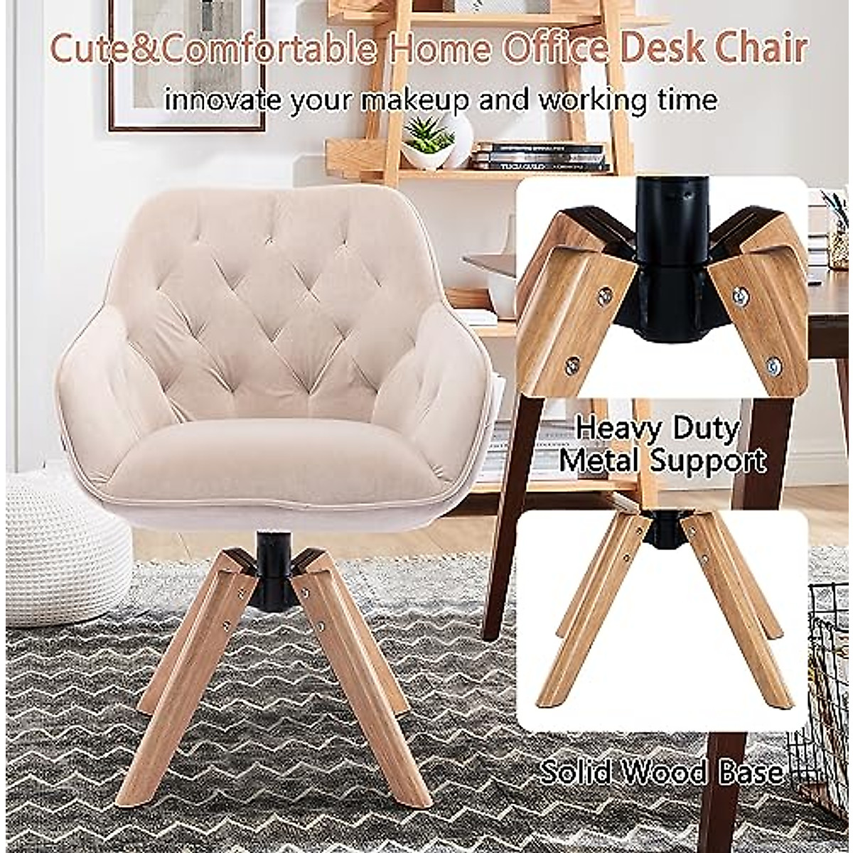 Gnrolaz Swivel Desk Chairs No Wheels,Cute Vanity Chair with Tufted Shell Back & Wood Legs,Comfortable Home Office Desk Chairs/Rolling Chair/Task Chair/Computer Chairfor Living Room,Bedroom,Makeup Room