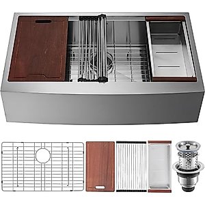 VEVOR Farmhouse Kitchen Sink, 304 Stainless Steel Drop-In Sinks, Top Mount Single Bowl Basin with Ledge & Accessories, Household Dishwasher Sinks for Workstation, Prep Kitchen, and Bar Sink, 30 inch