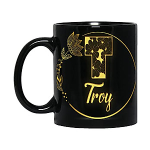 Coffee Mug Personalized Troy Name & Initial Letter Monogram Floral Alphabet Mug Golden Flowers Custom Black Coffee Cup, Gift for Her Mom Coworker Sister, Wife, Girl 11oz Black Mug 777088