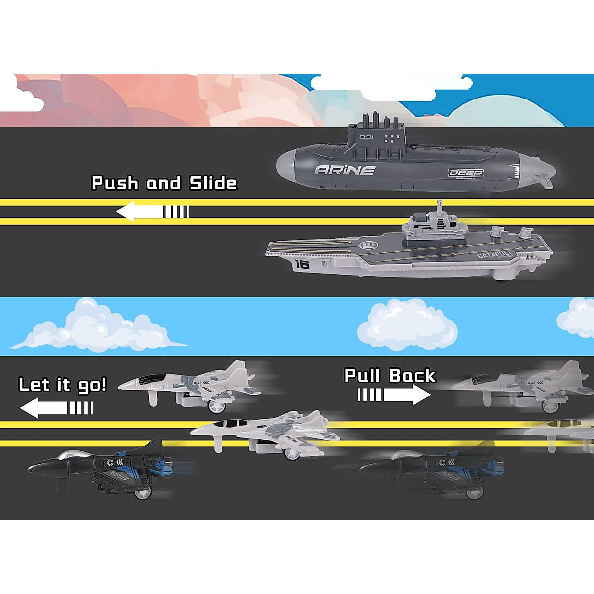Crelloci Aircraft Carrier Military Naval Ship Toy Play Set with Small Scale Model Planes Fighter Jets, Battleship and Supply Ship for Kids Boy Girl Age 5+ Party Favors Gifts