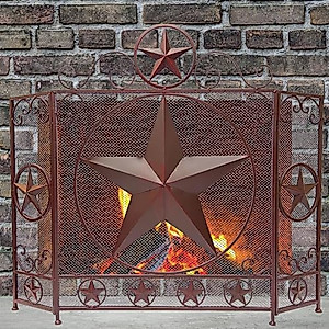 BestGiftEver 3-Panel Fireplace Screen Decorative with Rustic Brown Star Detail - Stand Alone Fireplace Cover Metal Mesh Screen - Home Decor for Cabin, Lodge, and Rustic Country Style Firescreen