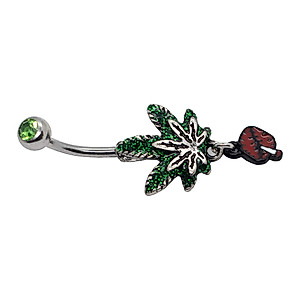 Pierce2GO Weed Belly Button Ring - 316L Surgical Grade Stainless-Steel Belly Button Ring with Lips Smoking Weed - Marijuana Belly Button Ring with Cubic Zirconia Stone - Navel Rings for Women