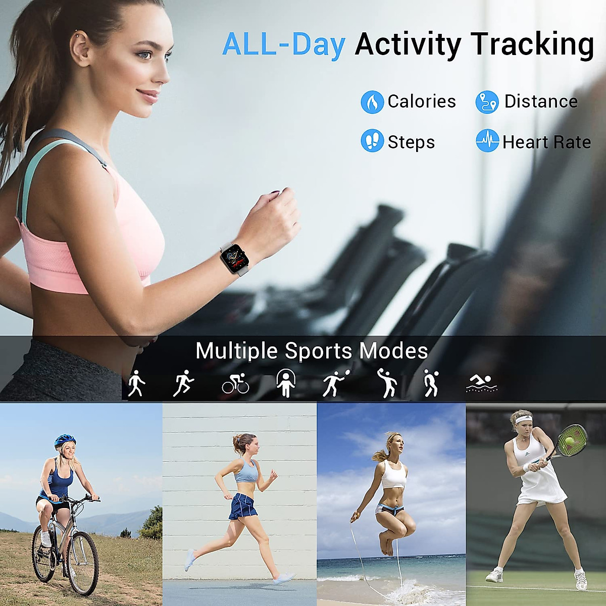 EBAKIN Smart Watch Fitness Tracker 1.4 inch Full-Touch Screen IP67 Waterproof Blood Pressure Heart Rate Blood Oxygen Multi-Sport Fashion Smartwatch(Gray)