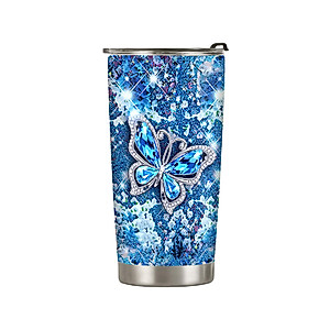 20oz Printed Blue Jewelry Crystal Butterfly Tumbler, Gifts for Butterfly Lovers, Coffee Thermos for Women, Stainless Steel Double Wall Vacuum Insulated Coffee Mug, Travel Cup with Lid