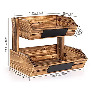 Rustic Fruit Basket, 2 Tier Standing Fruit Basket, Wooden Food Organizer & Retro Vegetable Stand Bread Racks, Farmhouse Food Basket for Kitchen, Office, Dining Room and Guest Room (Need Assemble)