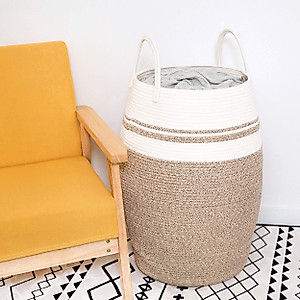 MINTWOOD Design Extra Large 25.6 Inches High Decorative Woven Cotton Rope Basket, Tall Laundry Hamper with Handles, Blanket Basket Living Room, Storage Baskets for Toys, Throws, Pillow, Towel, Brown