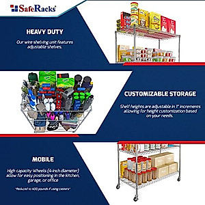 SafeRacks NSF Certified Storage Shelves, Heavy Duty Steel Wire Shelving Unit with Wheels and Adjustable Feet, Used as Pantry Shelf, Garage or Bakers Rack Kitchen Shelving - (24"x48"x72" 4-Tier)