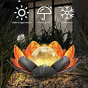 QZHP Outdoor Solar Lights, Garden Decor, Crackle Glass Globe, Waterproof Metal Lotus Flower Light for Patio, Lawn, Walkway, Tabletop, Ground