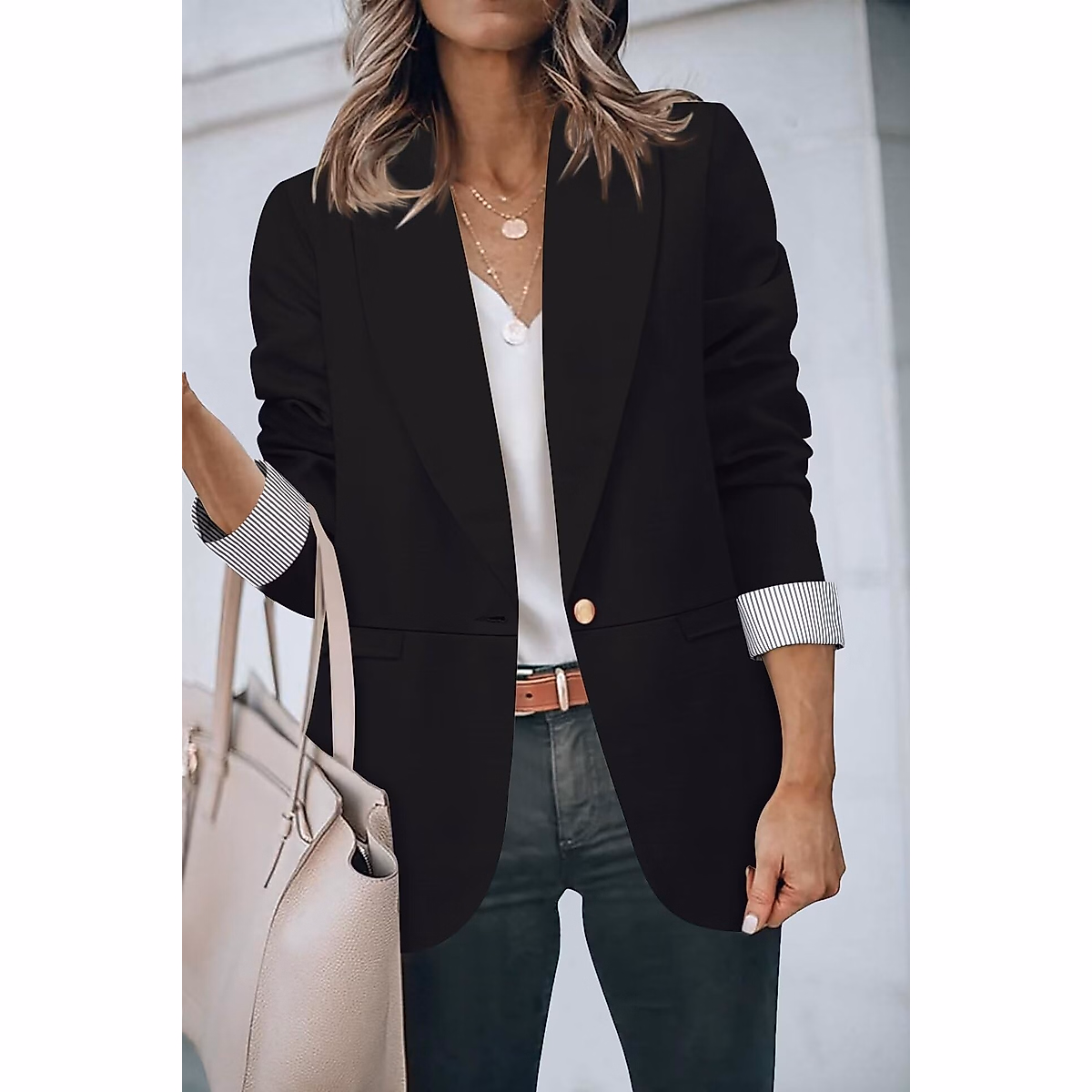 Genhoo Black Blazer for Women Lapel Collar Coat Long Sleeve Blazer Outerwear Black L
