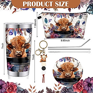 Abbylike 3 Pcs Western Highland Cow Gifts for Women 20 oz Highland Cow Stainless Steel Tumbler Highland Cow Makeup Cosmetic Bag Highland Cow Keychain for Highland Cow Lover Christmas Birthday Gift