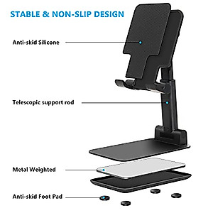 Cell Phone Stand, Folding Desktop Phone Stand, Angle Height Adjustable Mobile Phone Holder for Desk, Office, Tablet Stand Compatible with All iPhone, iPad, Samsung, 4-10’’ Cellphone & Tablet (Black)