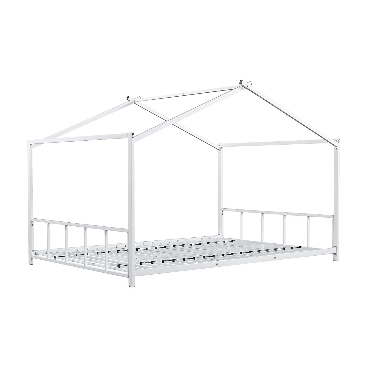 DNYN Full Size Metal House Bed with Roof Design for Kids Bedroom,Sturdy Steel Bedframe,No Box Spring Needed, White