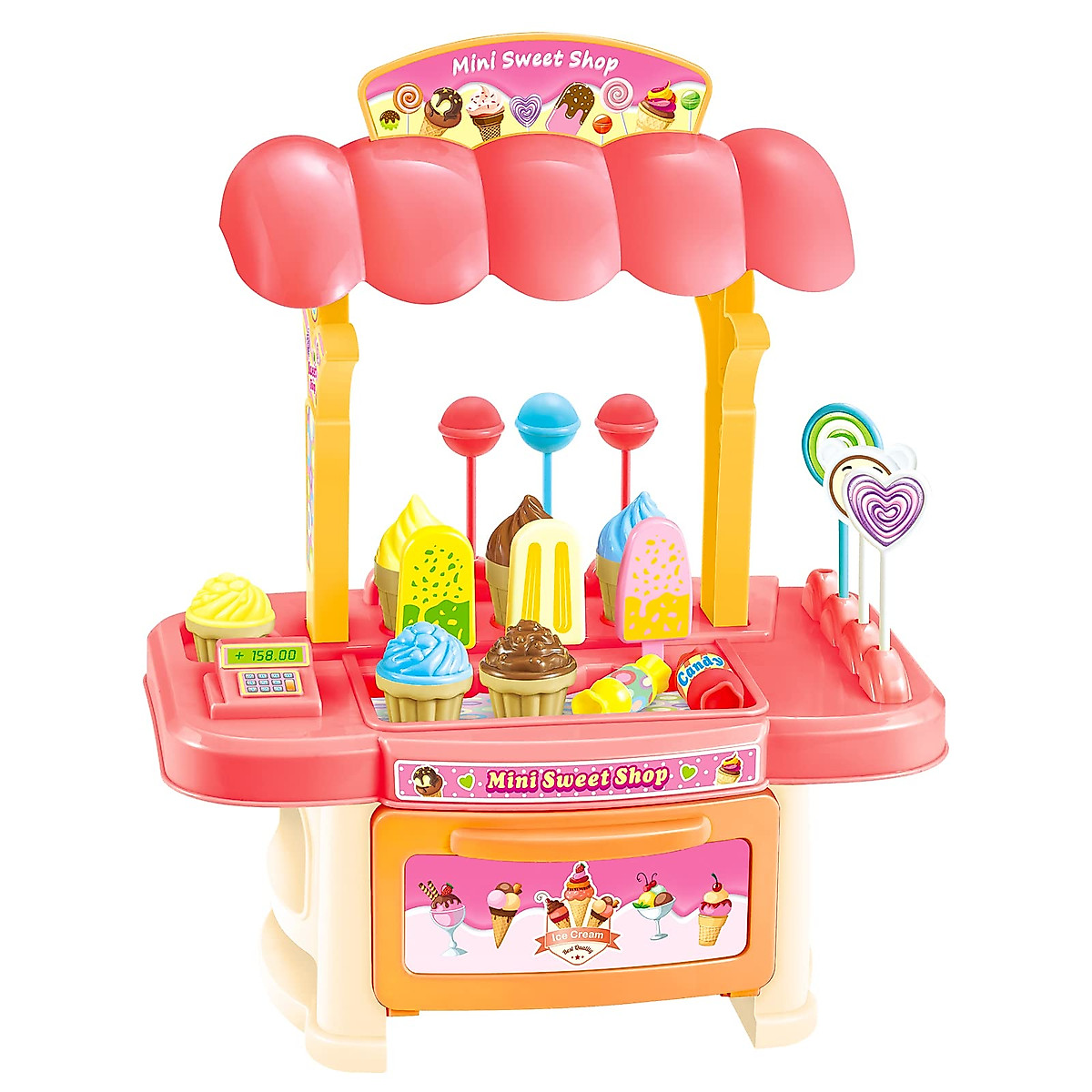 deAO Ice Cream Toy Stand Play Set for Boys& Girls, Educational Ice Cream Counter Deluxe Playset, Desserts Cake Ice Cream and Candy Pretend Play Food Sets, Birthday for Kids Aged 3-12