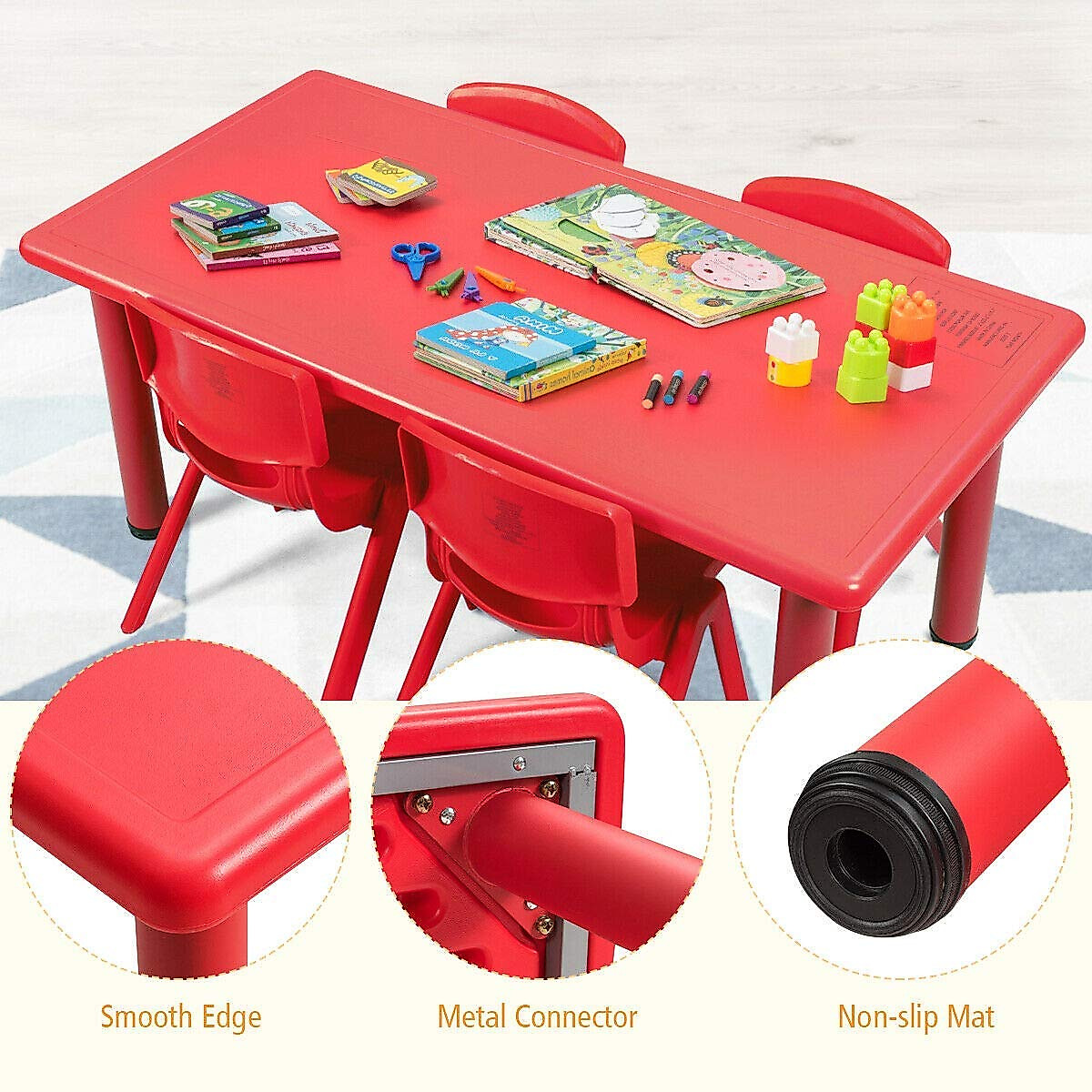 Costzon Kids Table and Chair Set, 4 Pcs Stackable Chairs, 47 x 23.5 Inch Rectangular Plastic Activity Table Set for Children Reading Drawing Playing Snack Time, Toddler School Furniture (Red)
