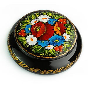 Gift Jewelry Box for Earrings, Necklace, Rings, Round Wooden Case with Hand Painted Flowers on Black Lacquer, for Girls and Women, Made in Europe (Rose)