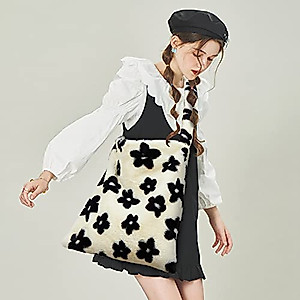 Fluffy Furry Tote Bag Large Fuzzy Bag Cute Y2K Plush Bag with Zipper Fashion Women Girl Handbag Faux Fur Shoulder Purse for Autumn and Winter