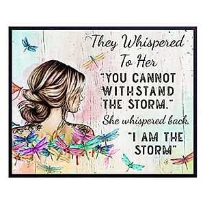 They Whispered to Her You Cannot Withstand The Storm - Boho Positive Motivational - Uplifting Encouragement Gifts for Women Teens BFF - Inspirational Quote Wall Art - Hippie Dragonfly Wall Decor Print