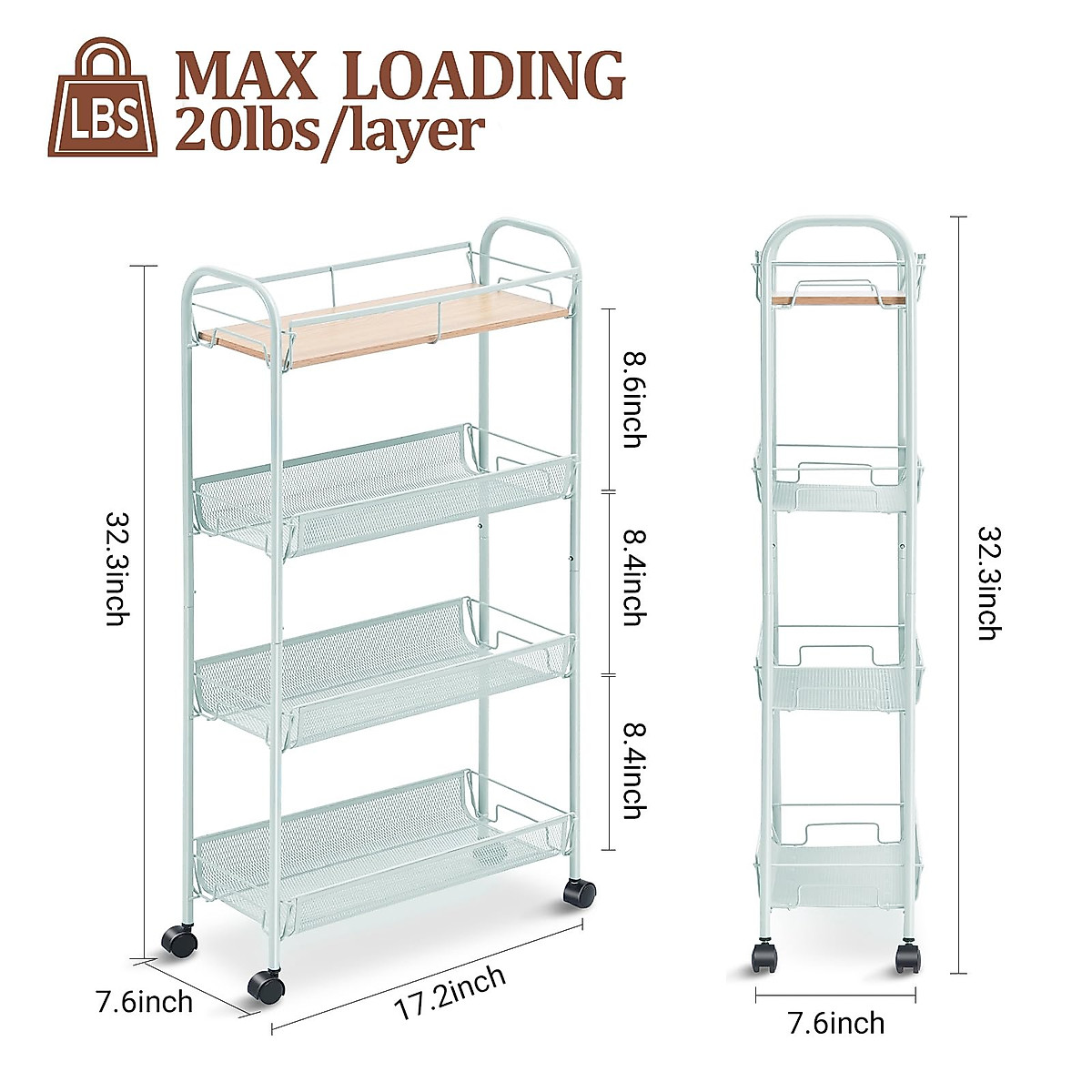 KINGRACK 4-Tier Slim Rolling Cart with Wooden Tabletop, Metal Utility Cart, Easy Assemble Slide Out Narrow Storage Cart for Narrow Space Kitchen Bathroom Laundry Room, Green