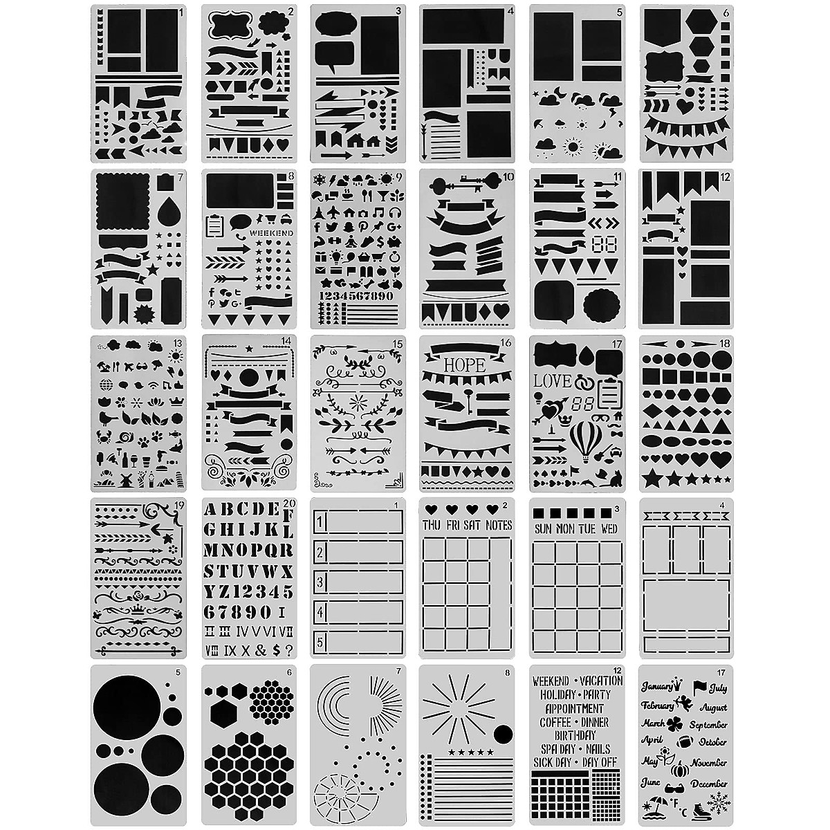 30 PCS Journal Stencils, Planner Stencils for Bullet Dot Journal Notebook Diary Scrapbook Drawing Template Dot Journal Stencil 4x7 Inch